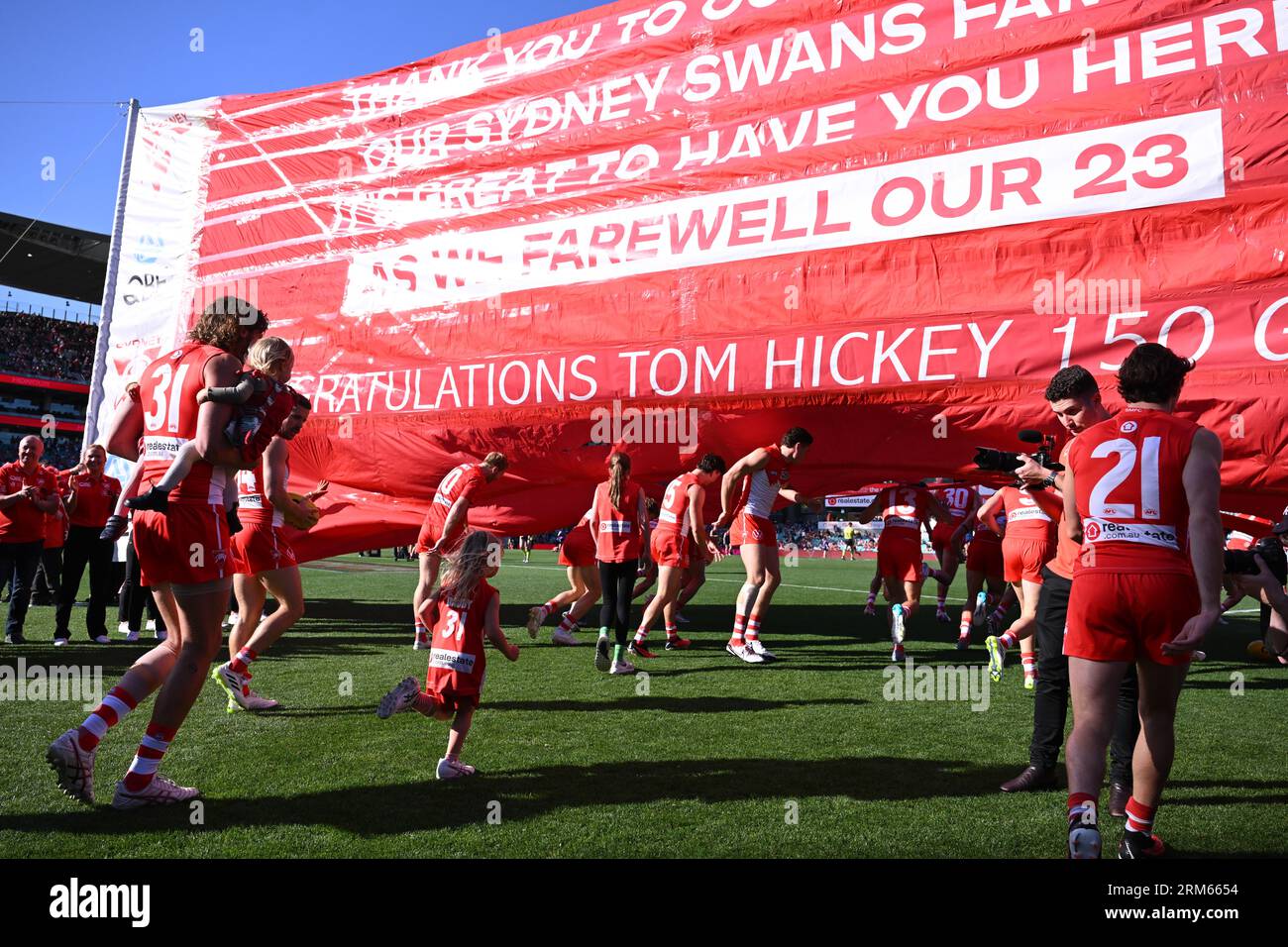 Sydney, Australia. 27th Aug, 2023. Tom Hickey of the Swans runs out for ...