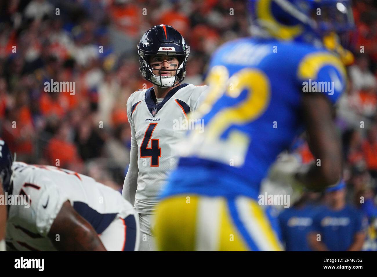 Denver Broncos quarterback Jarrett Stidham (4) against the Los Angeles Rams of an NFL football ...