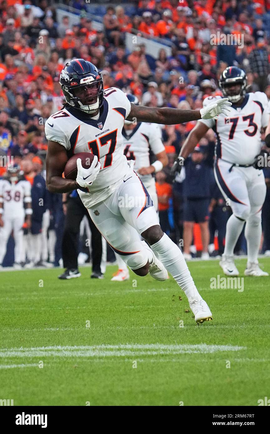 Denver Broncos wide receiver Lil'Jordan Humphrey (17) catches the ball ...