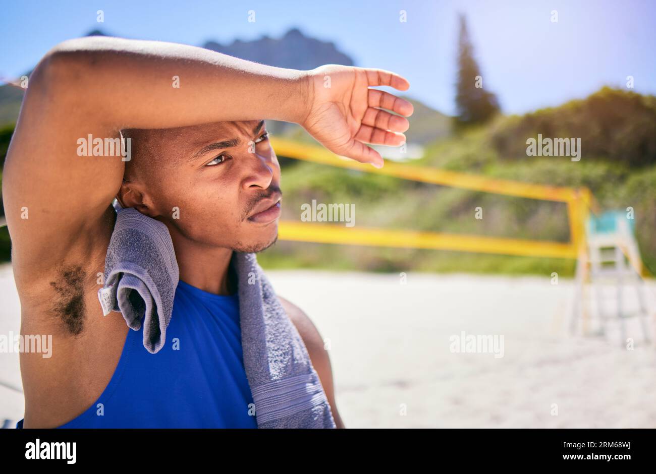 Tired man, volleyball and sports fitness on beach in match, game or ...