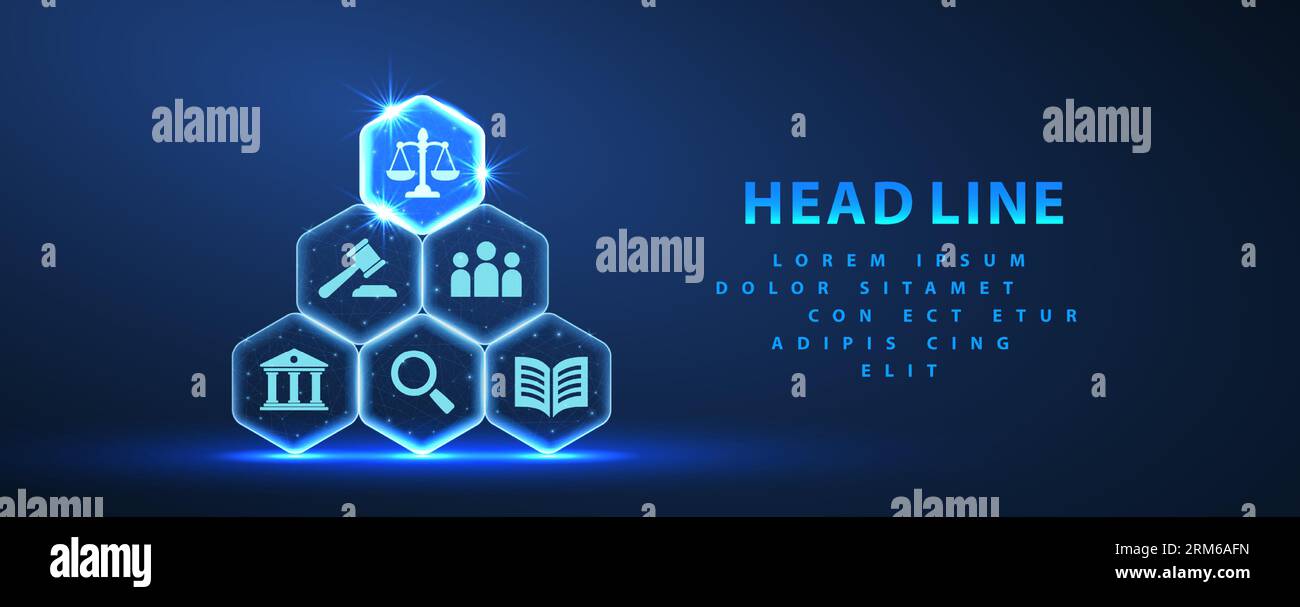 Digital law. Abstract pyramid of hexagons with law system icons and ...