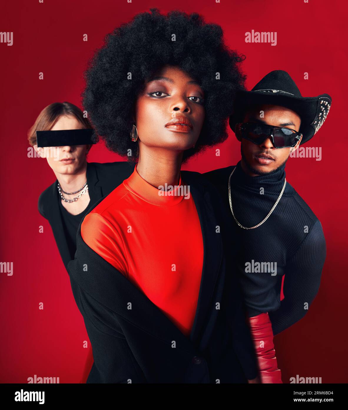 Fashion, portrait and a group of people, style and retro clothes on a ...