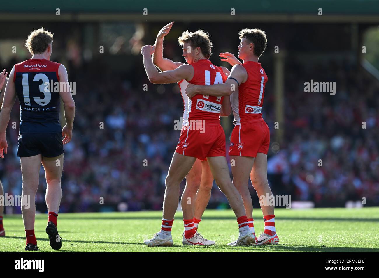 Sydney, Australia. 27th Aug, 2023. Callum Mills of the Swans celebrates ...