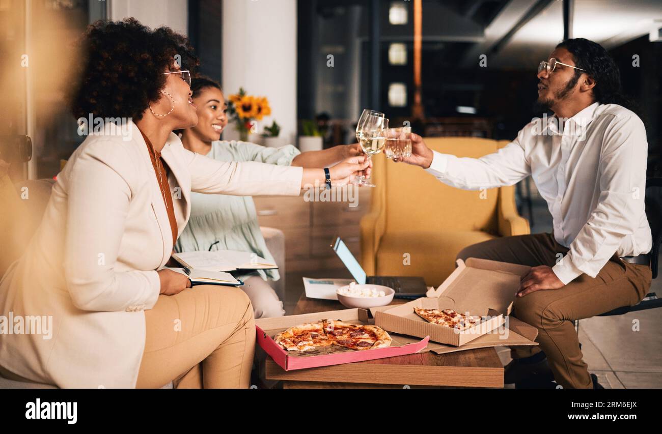 Night, cheers and business people with celebration, achievement and ...