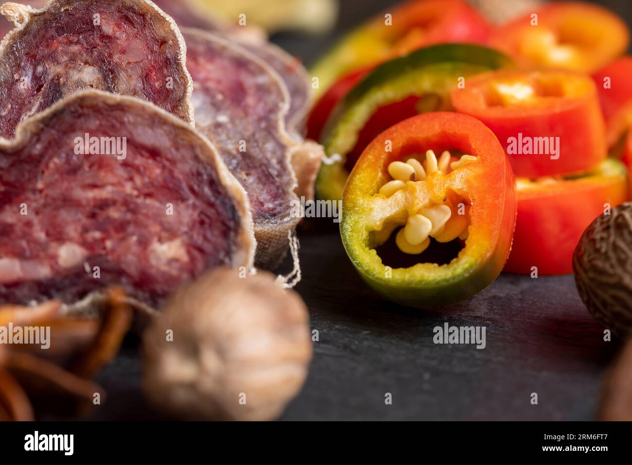 Unpeeled sliced salami using beef meat with spices, fresh and delicious ...