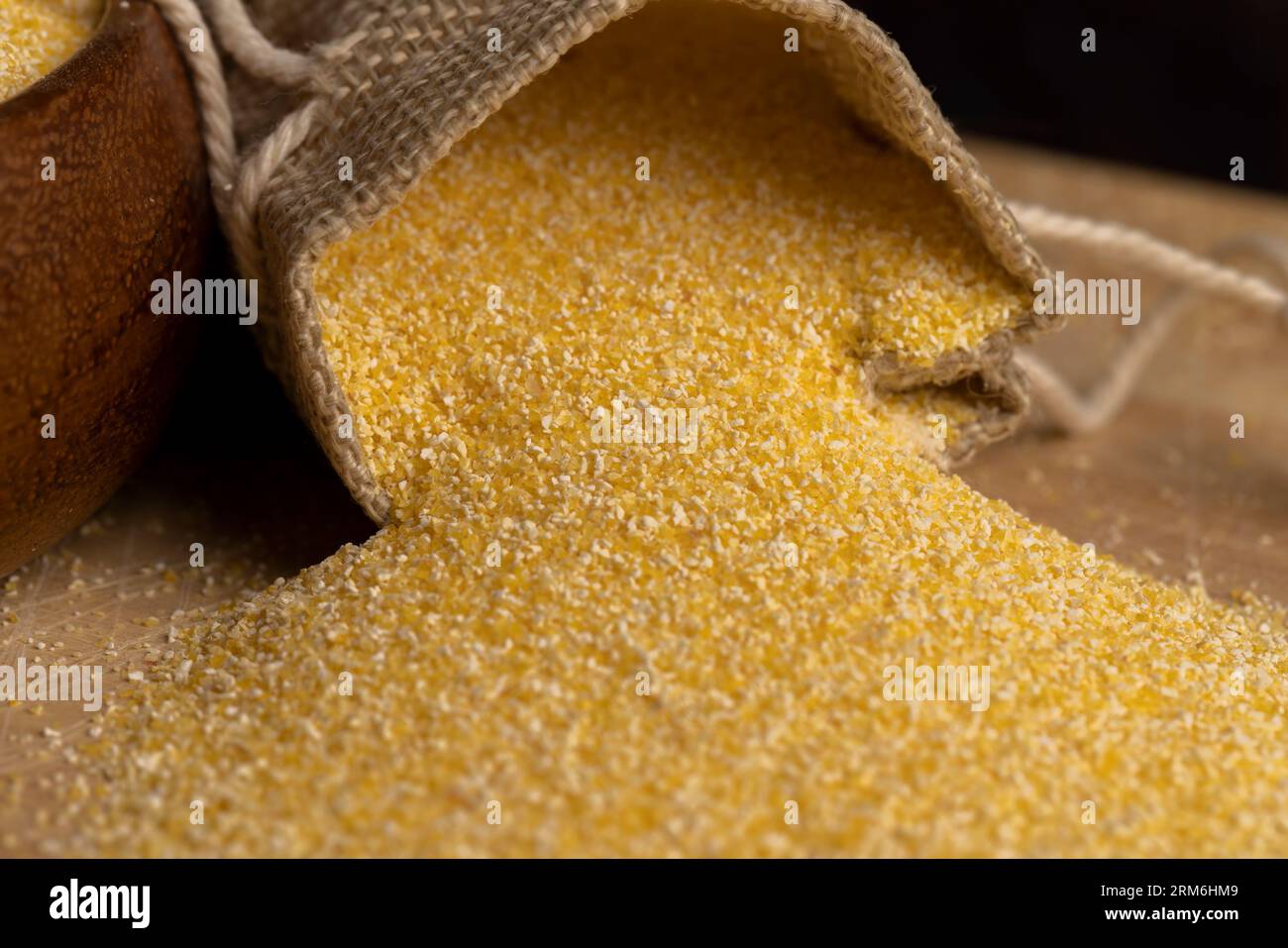 Linen bag of small size with dry corn flour for cooking porridge, high ...