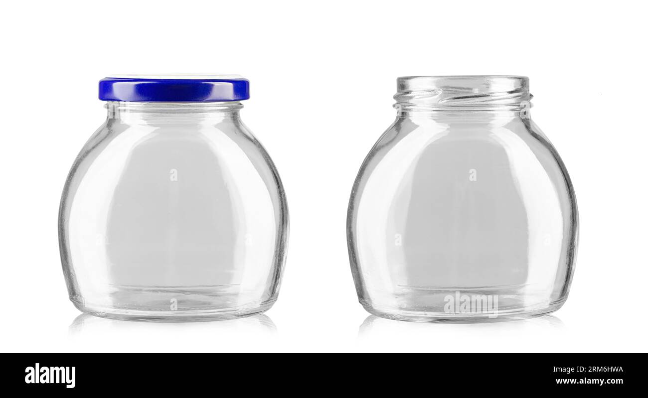 Two empty jars with blue lid. Conservation utensils. Isolated on a ...