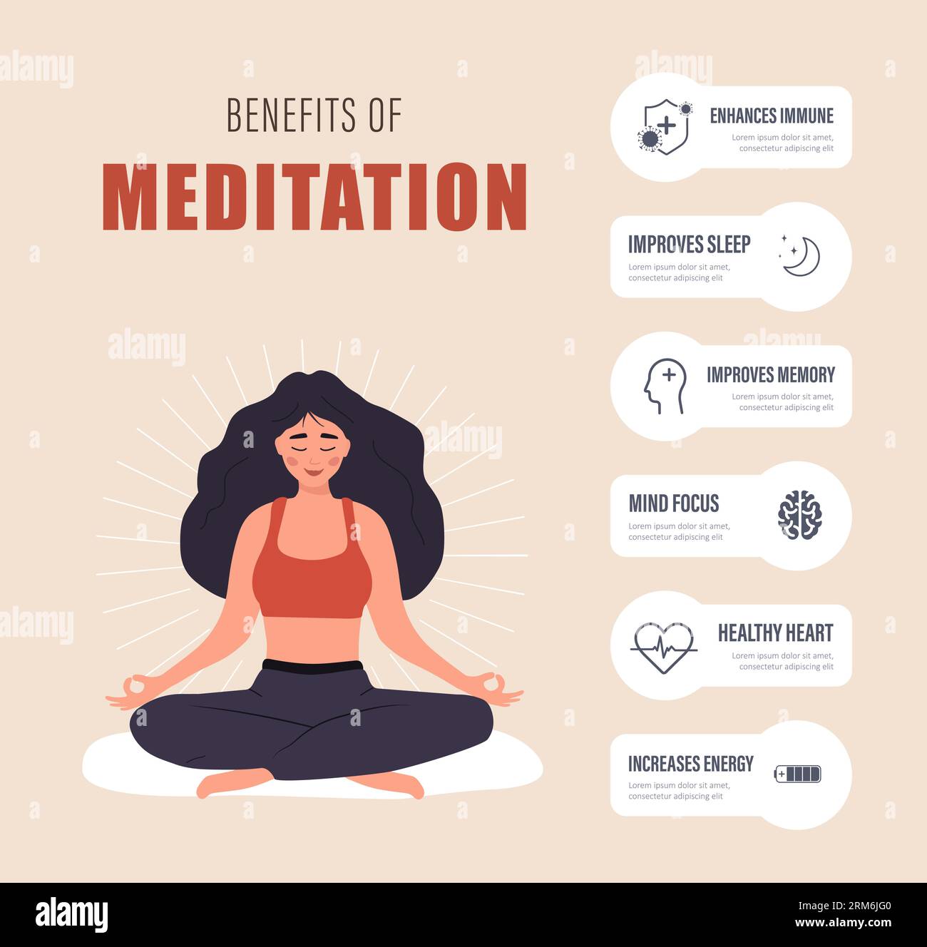 Benefits of meditation infographic. Female character practicing mental and body wellness. Law of ...
