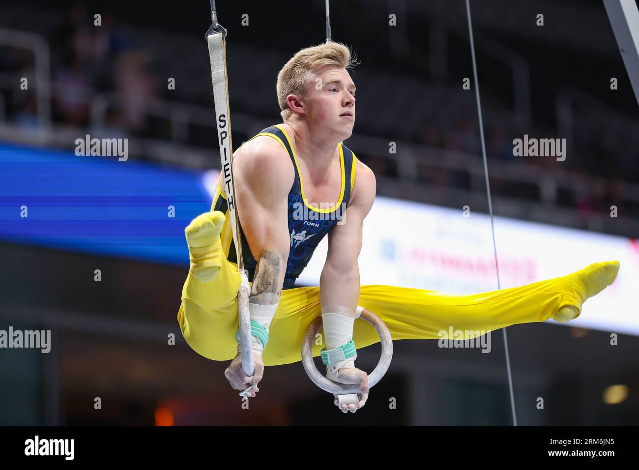 August 26, 2023: Cameron Bock competes on the Rings during the Men's ...