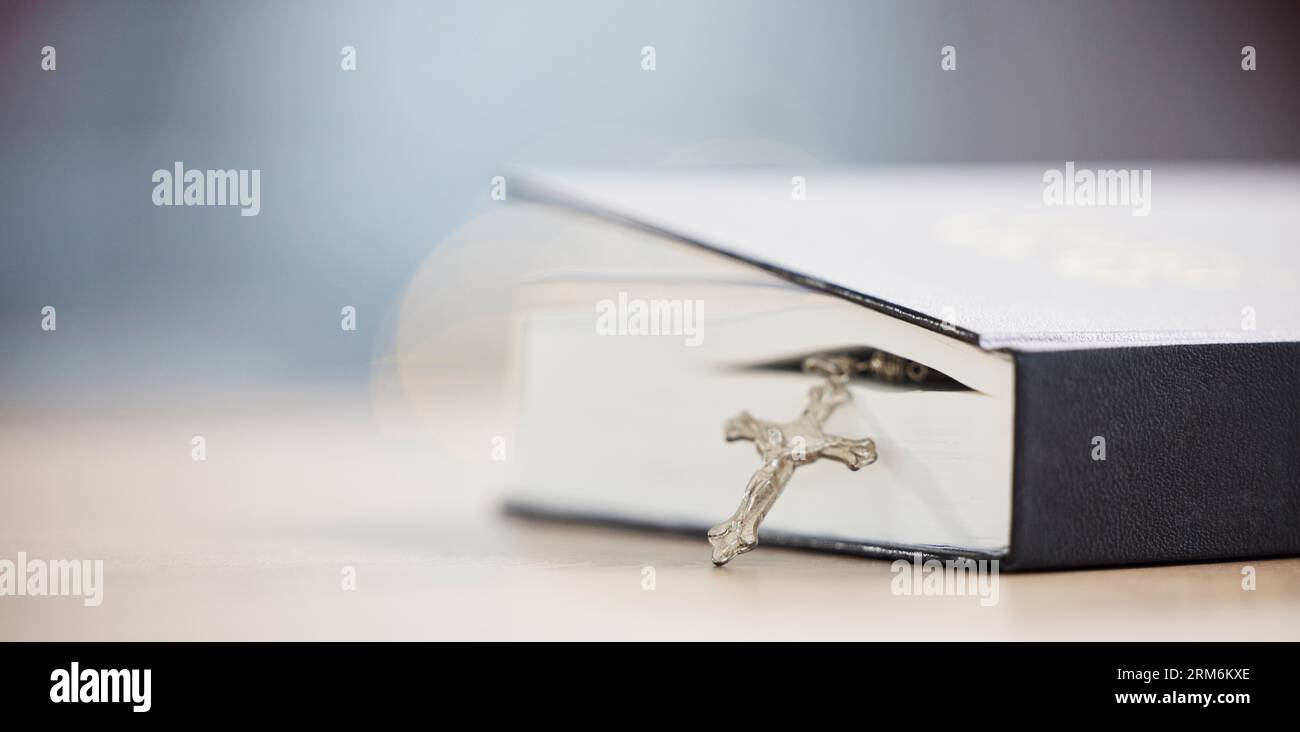 Bible study, cross and religion, Christian faith and God with worship ...