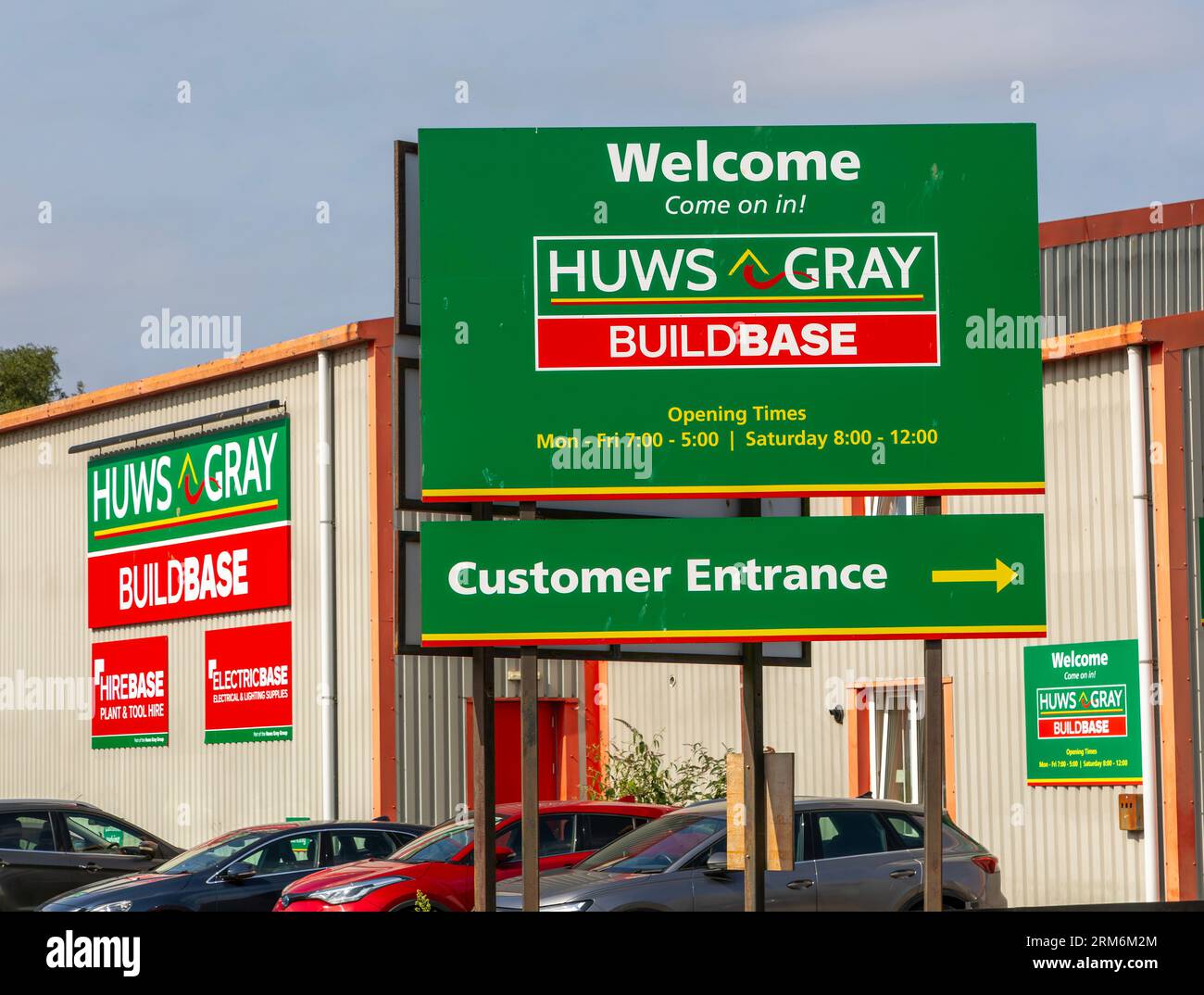 Sign for Huws Gray Buildbase centre, Ransomes industrial park, Ipswich, Suffolk, UK builders ...