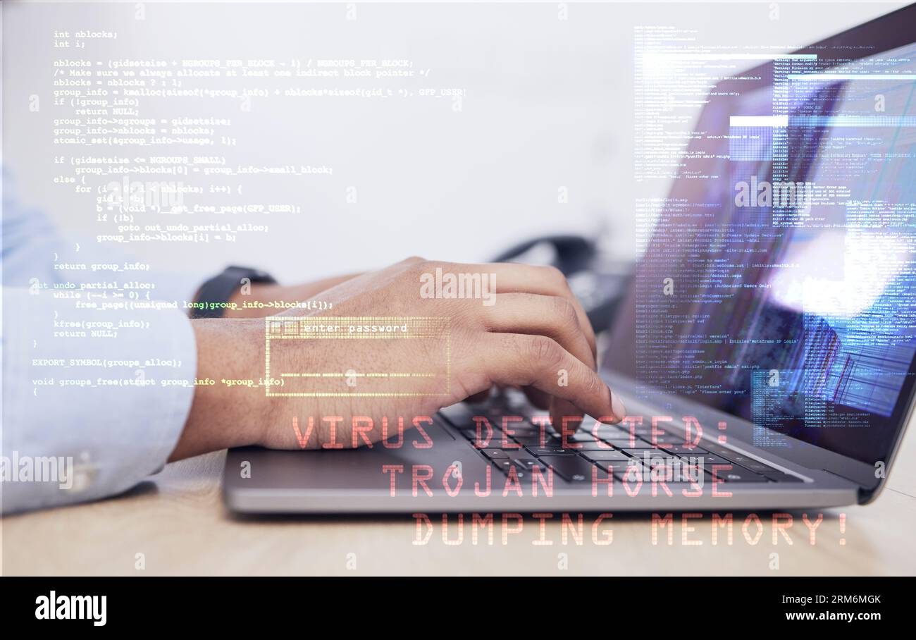 Coding, laptop with virus and hands, cybersecurity and programmer typing, person and software ...