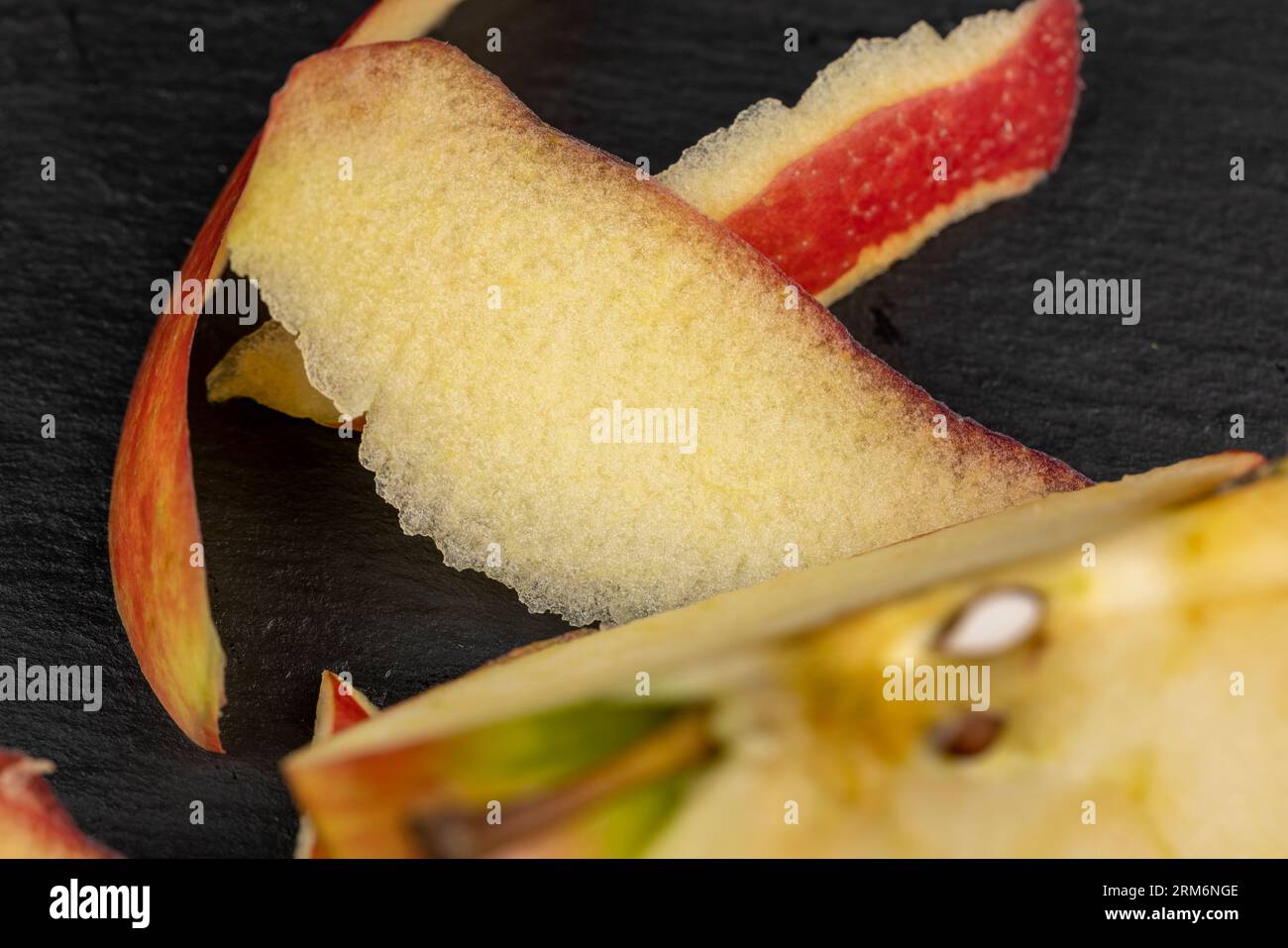 the flaccid peel of a peeled apple on the table, the peel of peeled ...