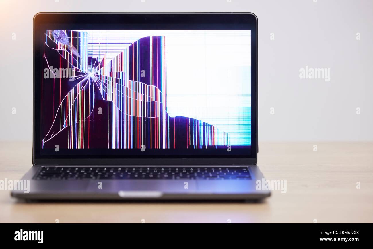 Screen crack, online glitch and laptop problem with error, mistake and ...