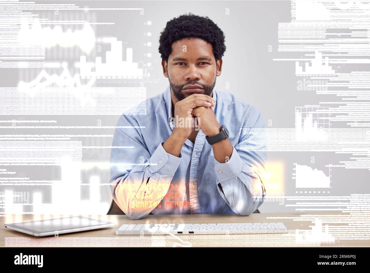 Black man, portrait and dashboard, coding and hologram, cybersecurity, information technology ...