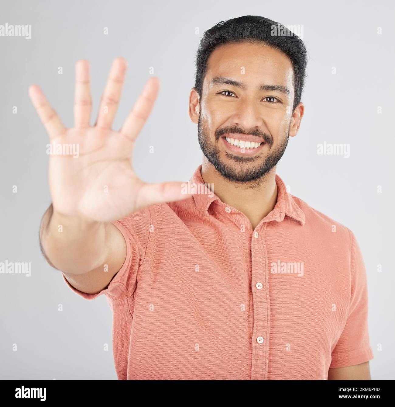 Smile, hand and portrait of man with stop gesture happy for ...