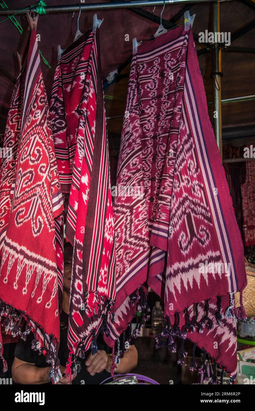Traditional textiles for sale at the Central market at Sibu, Sarawak ...