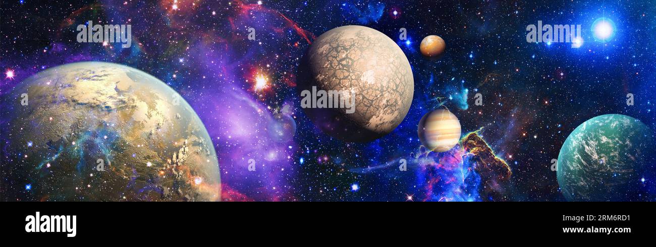 Panoramic view of the Earth, sun, star and galaxy. Sunrise over planet ...