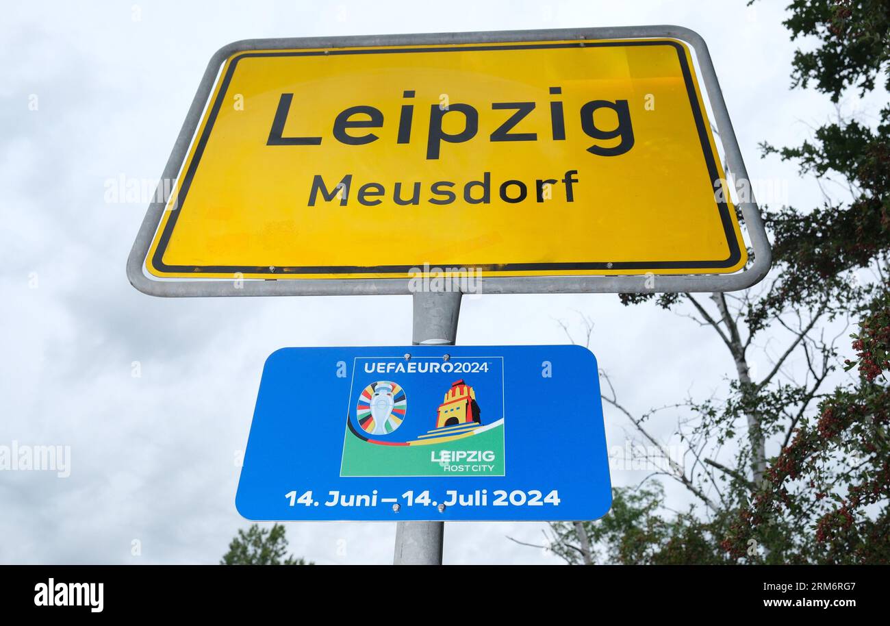 Leipzig, Germany. 27th Aug, 2023. A plaque about the upcoming European ...