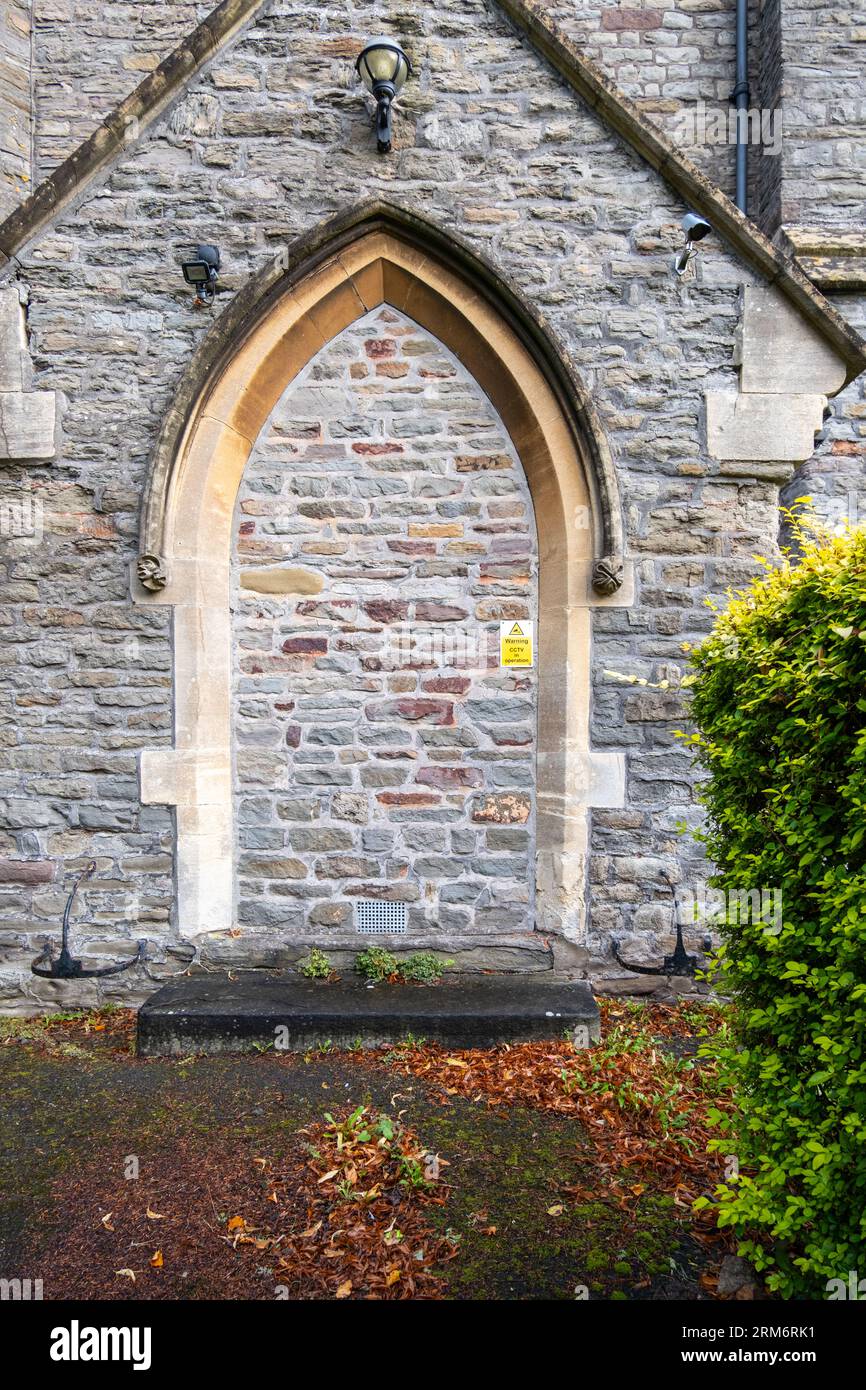 Blocked up church entrance. Christ Church, Hanham, Bristol, UK Stock ...