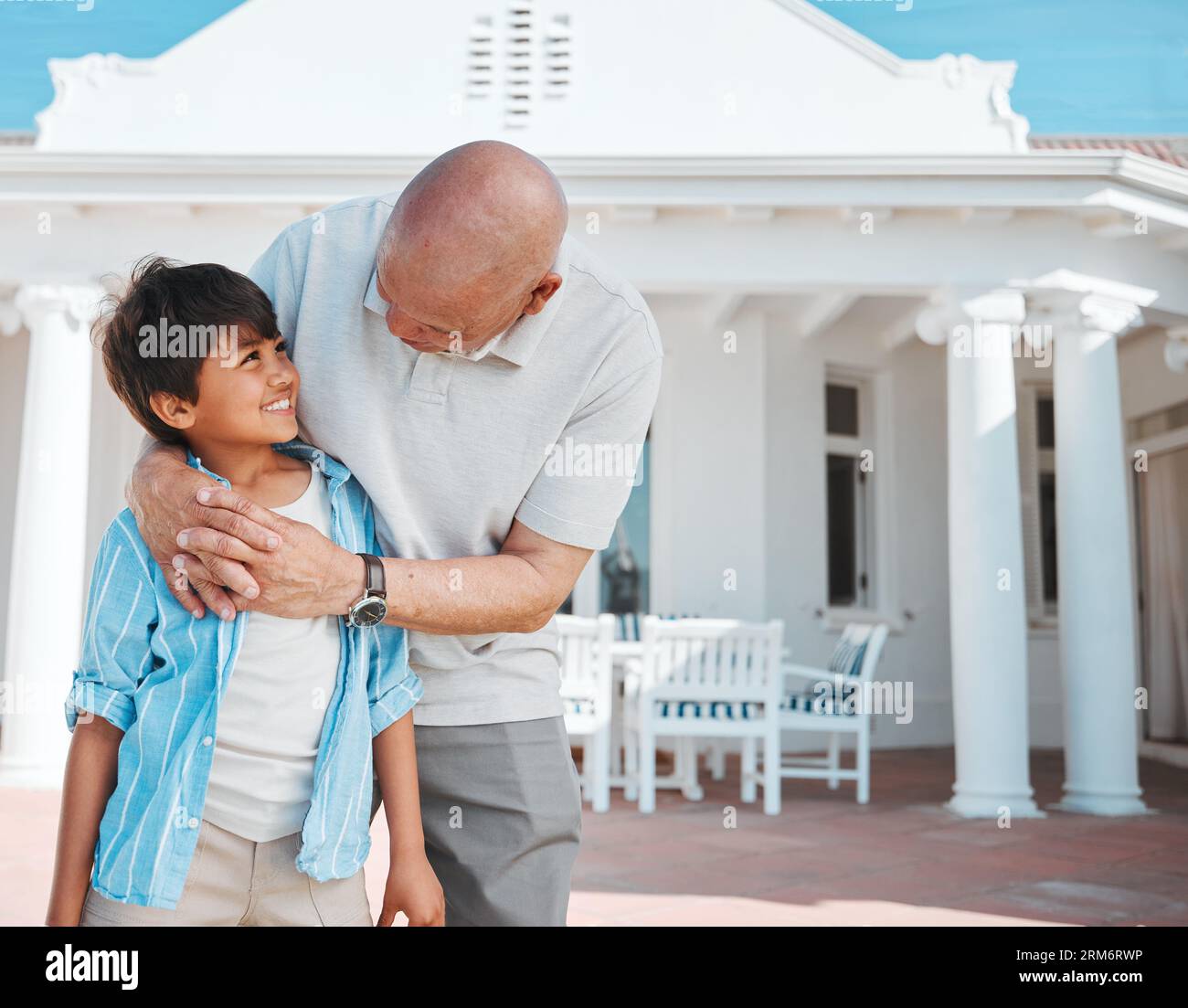 Smile, grandfather or child in backyard in new home, property or real estate together on holiday ...