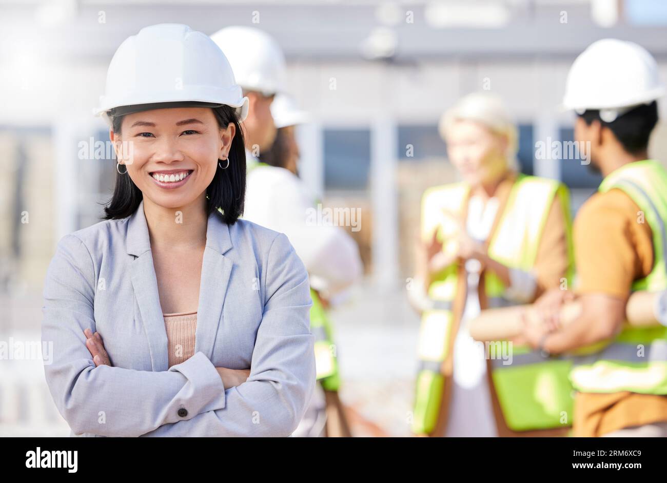 Construction worker, architecture and Asian woman on engineering site ...