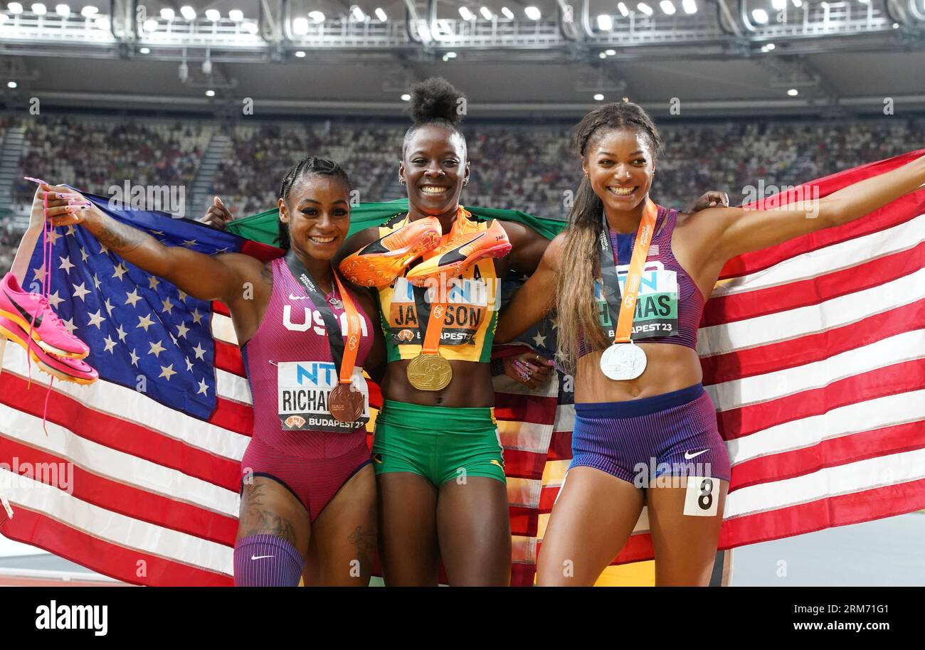 L-R Sha Carri Richardson (USA), Shericka Jackson (JAM) and Gabrielle ...