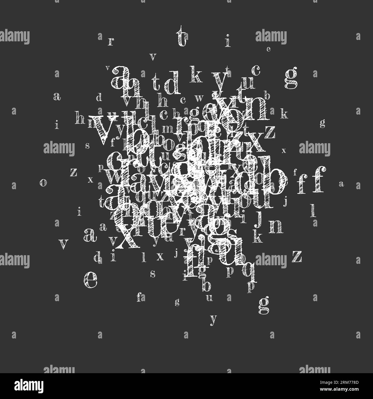 Scattered letters of latin alphabet. White chalk floating characters of ...