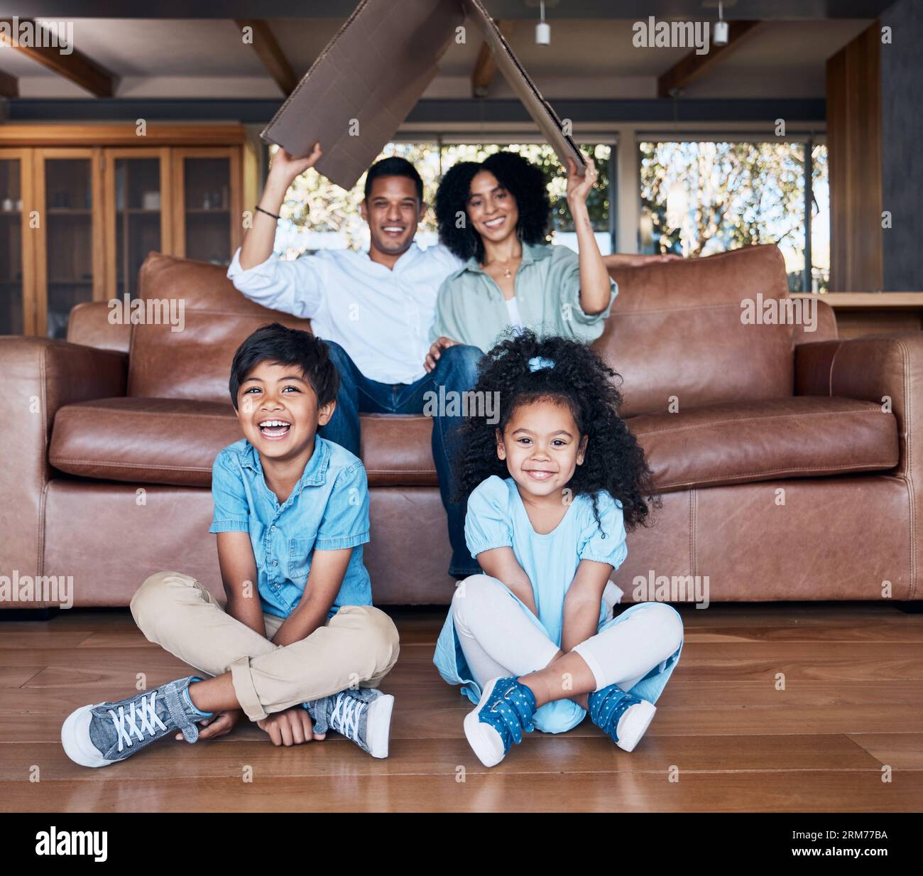 Family, protection and portrait, parents and children with insurance ...