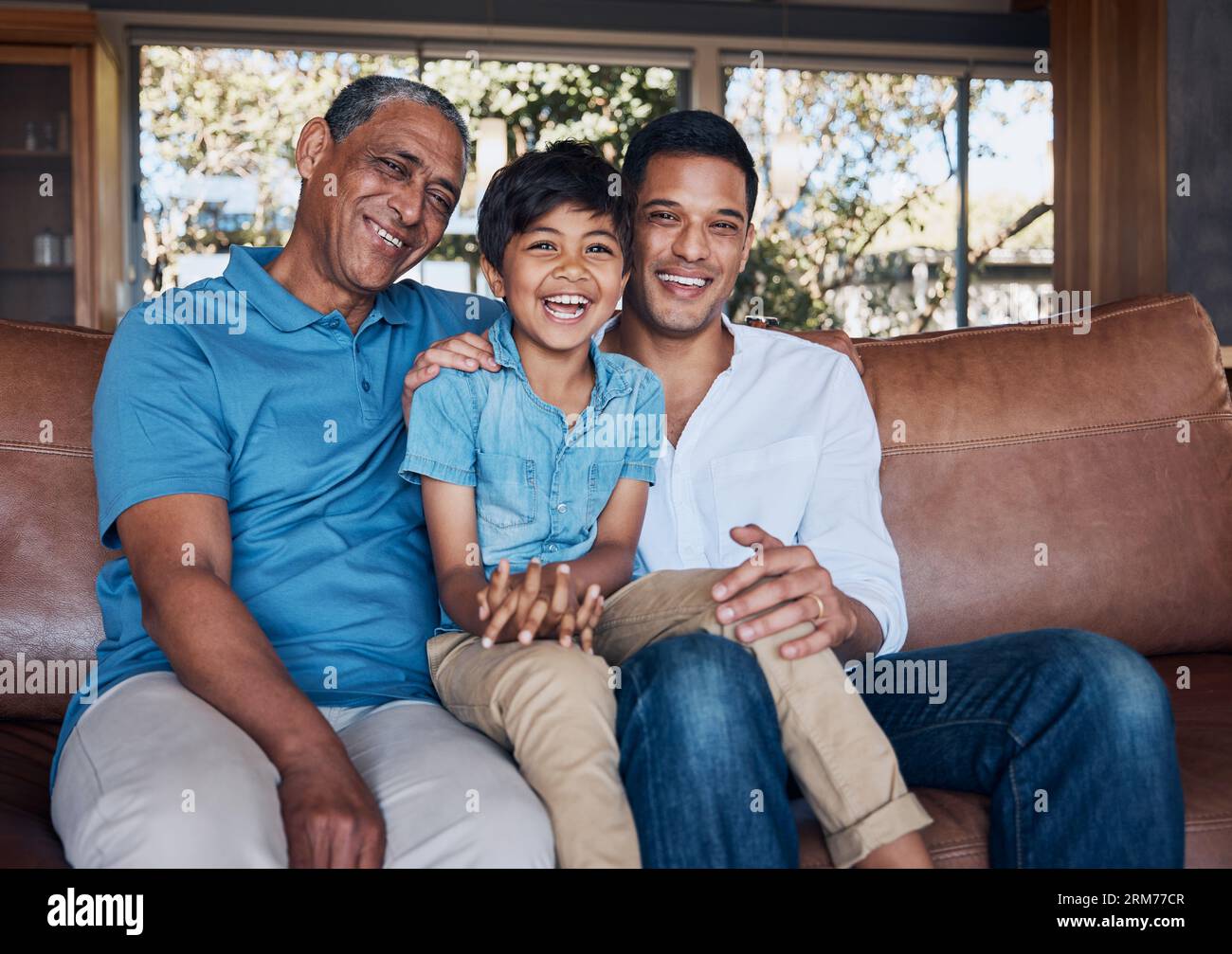 Portrait, laugh and happy family generation of child, father and ...
