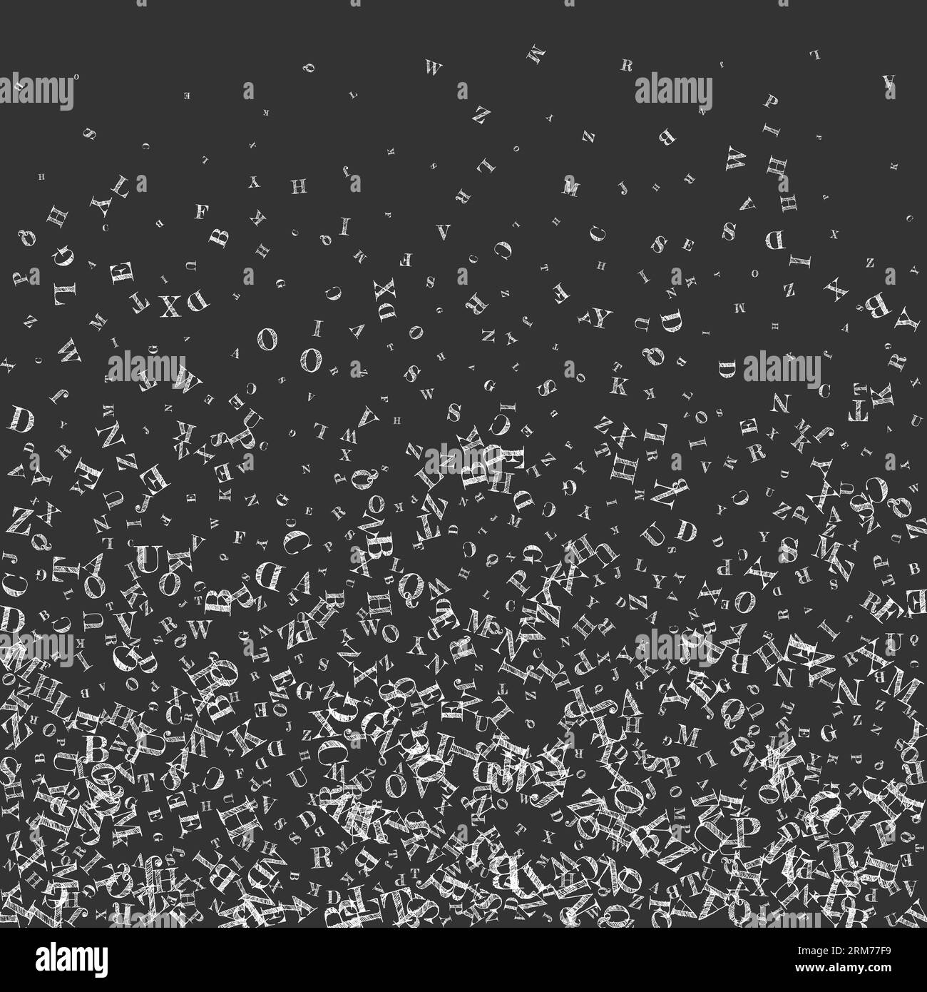 Falling letters of English language. White chalk characters of Latin ...