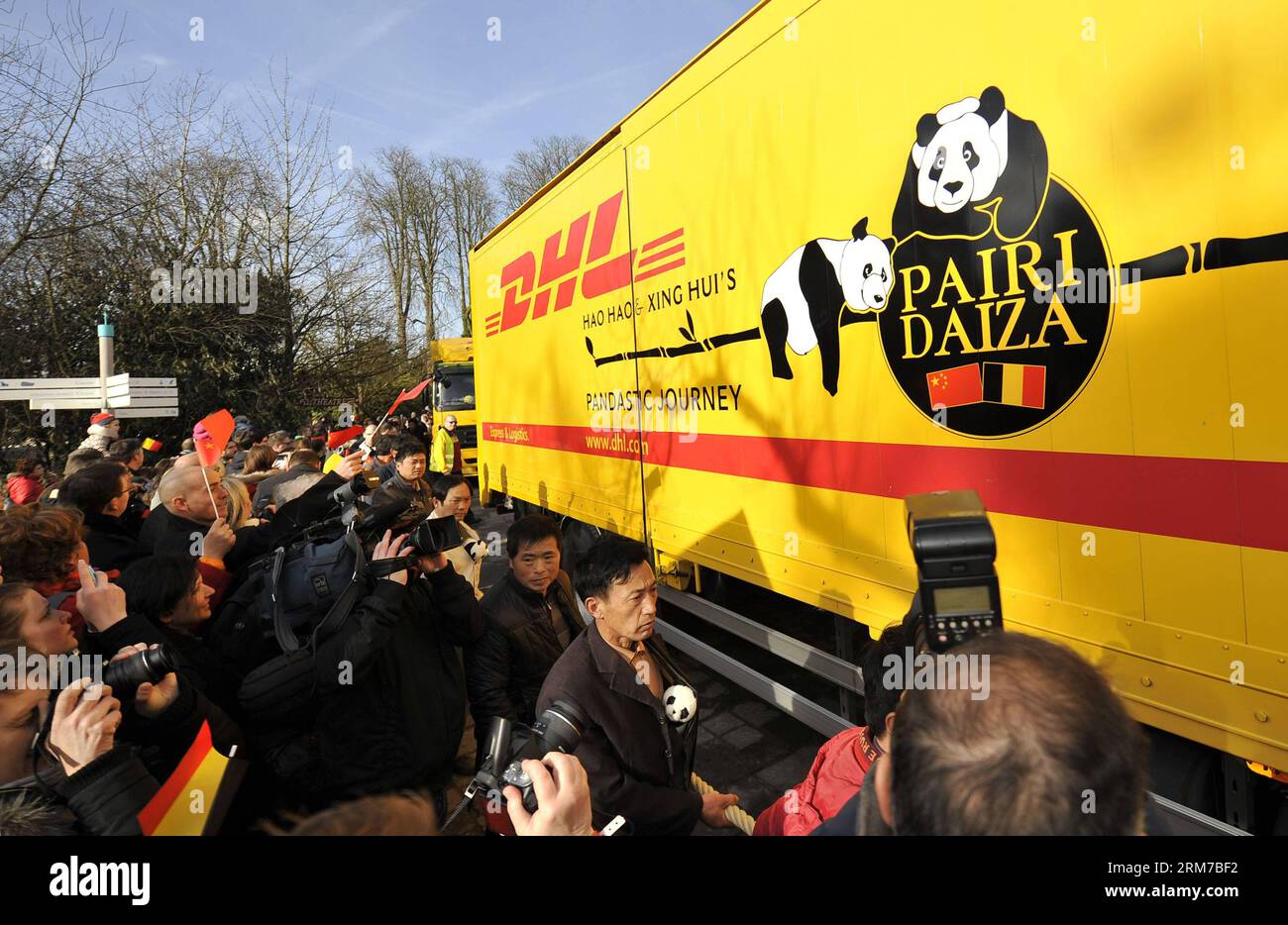 A truck loaded with giant panda arrives at Pairi Daiza Zoo, about 60 km ...
