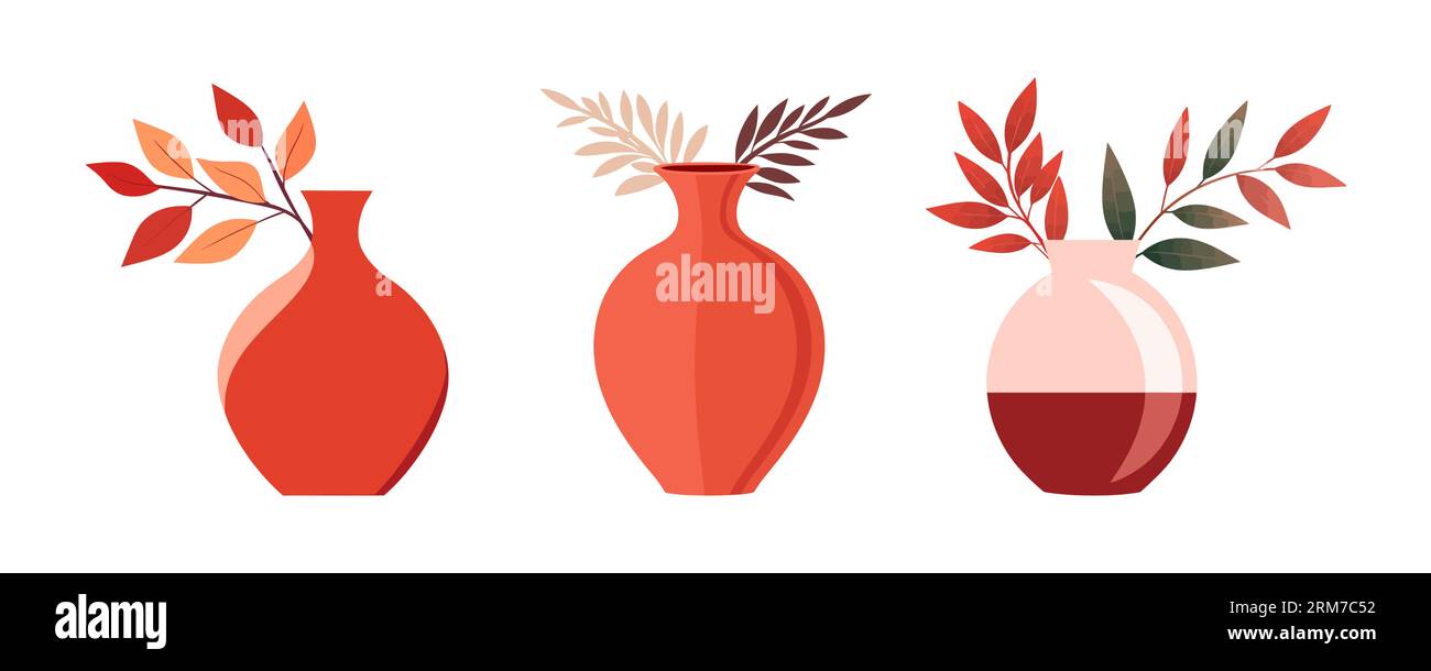 Set Flat ceramic vase. Colored ceramic vase isolated on white. Vector ...