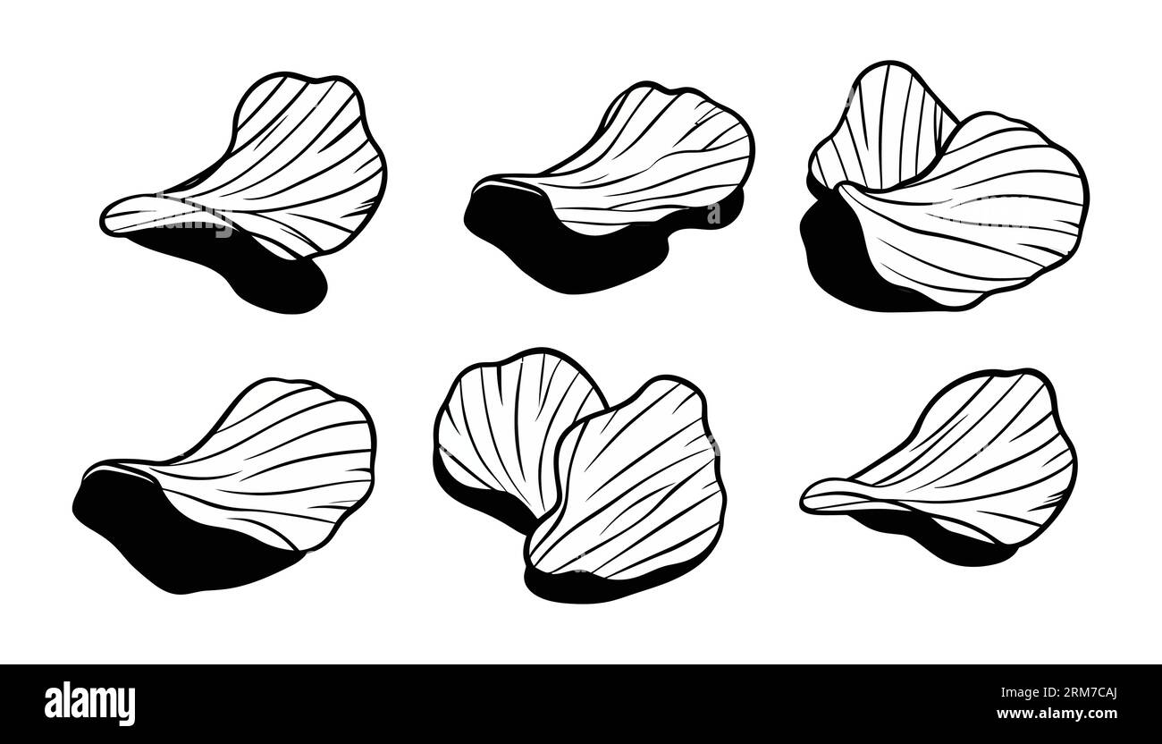 Flat potato chips. Set of fried crispy chips, wavy potato slices on ...