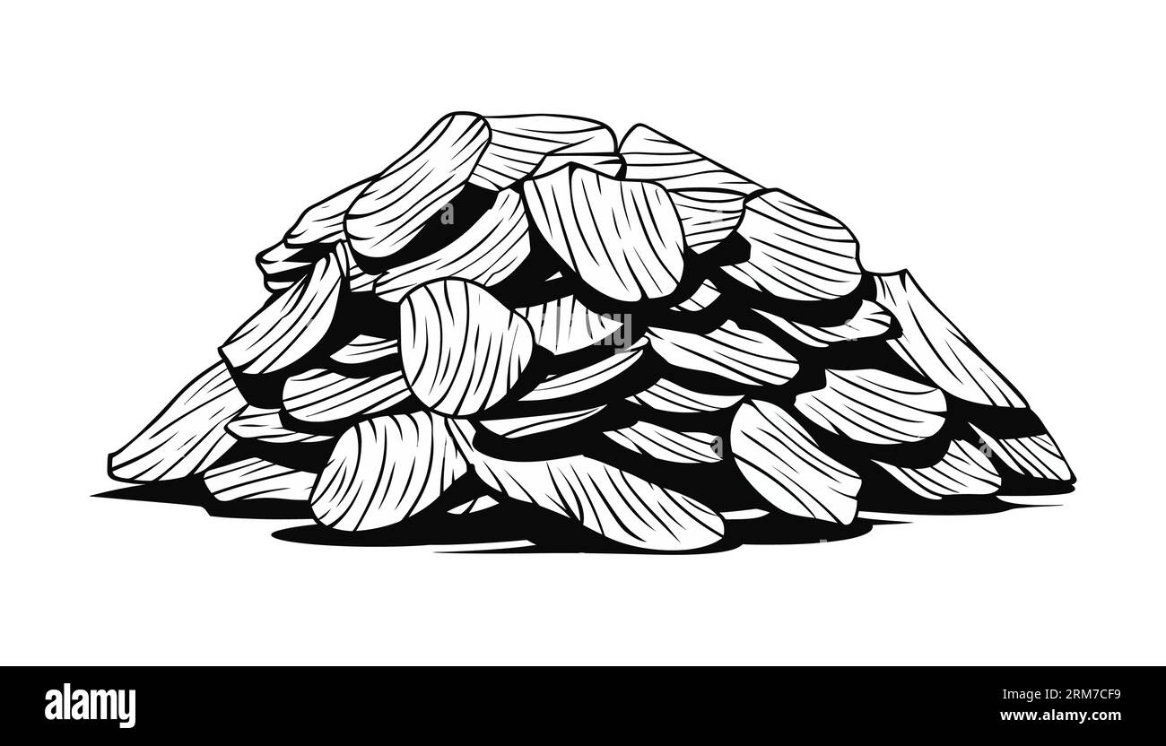 Flat potato chips. Set of fried crispy chips, wavy potato slices on ...