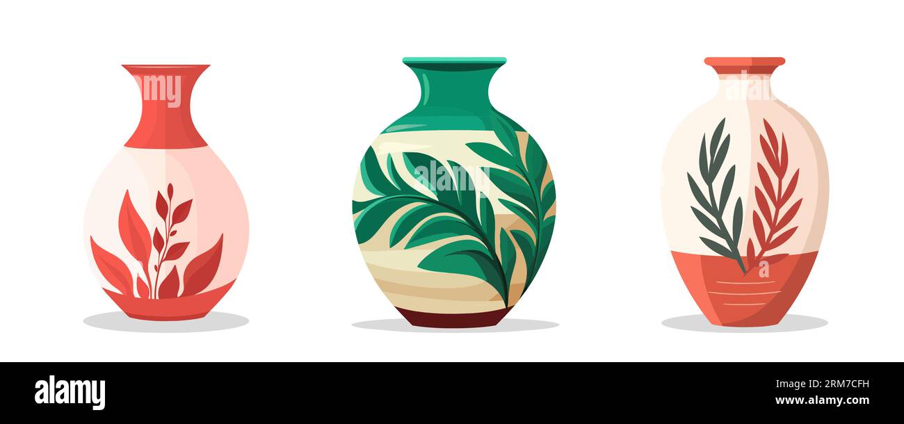 Set Flat ceramic vase. Colored ceramic vase isolated on white. Vector ...