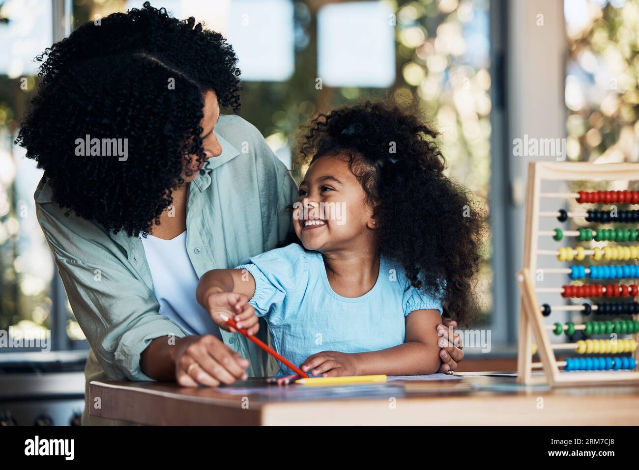 Happy family, learning and mother help child with kindergarten remote ...