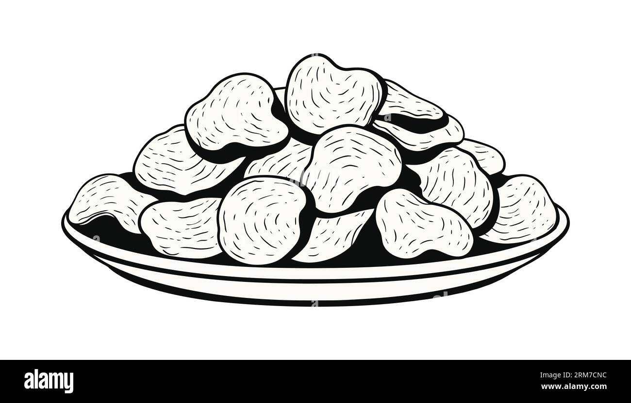 Flat black chips in a plate on a white background. Vector illustration ...