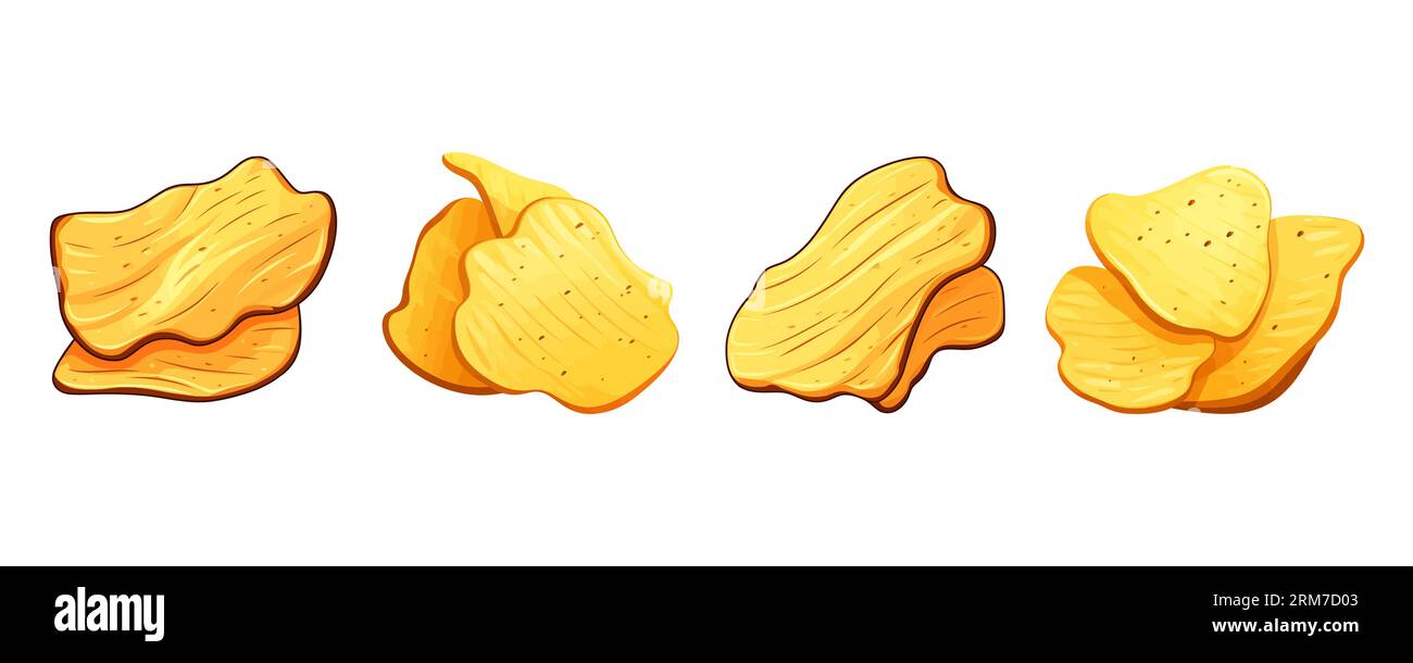 Potato chips. Icon set. Yellow potato chips on white background. Vector ...