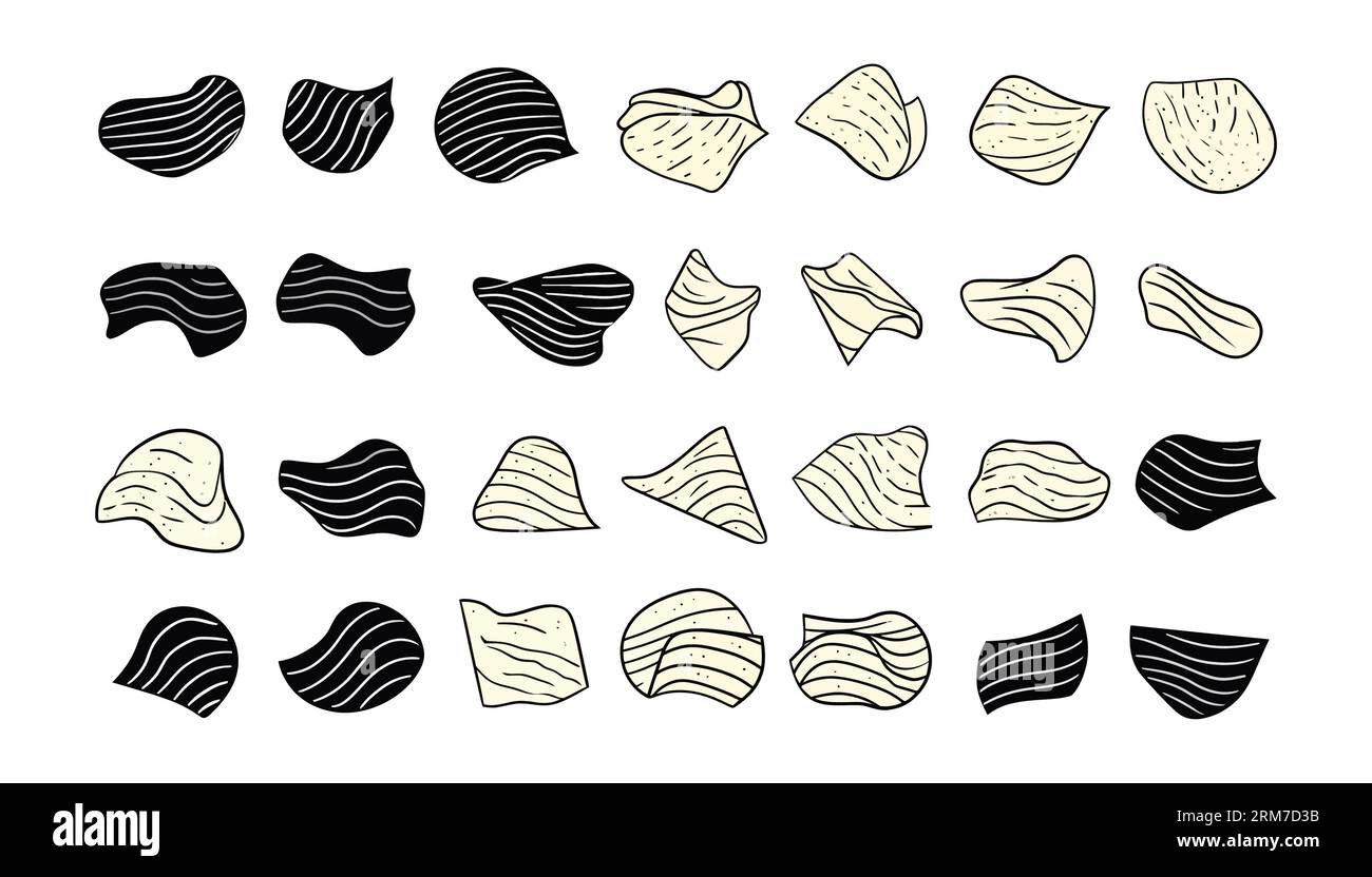 Flat potato chips. Set of fried crispy chips, wavy potato slices on ...