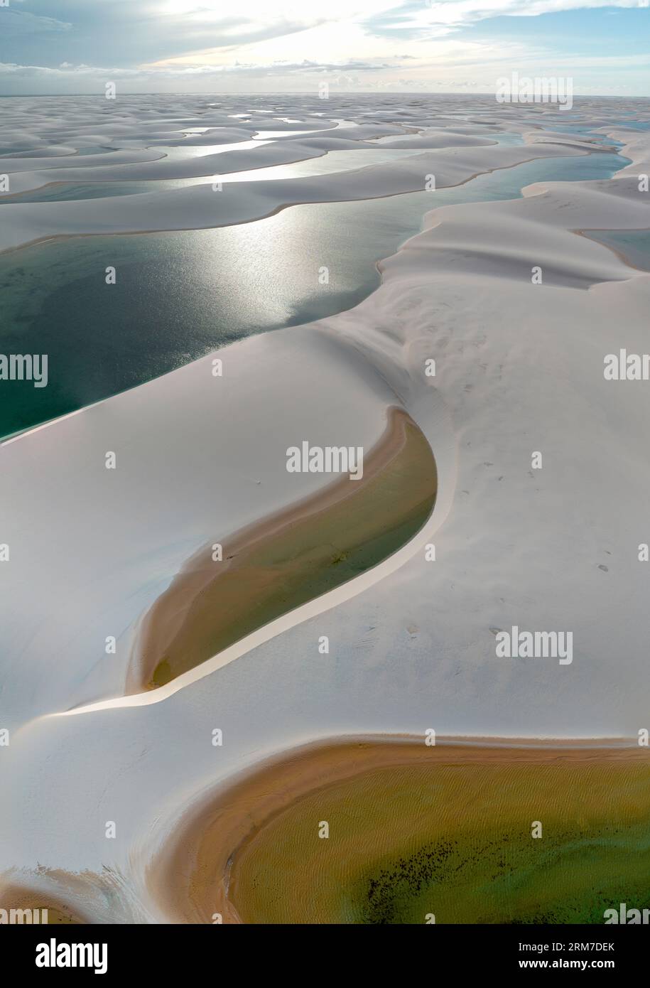 Aerial view of Lencois Maranhenses. White sand dunes with pools of ...