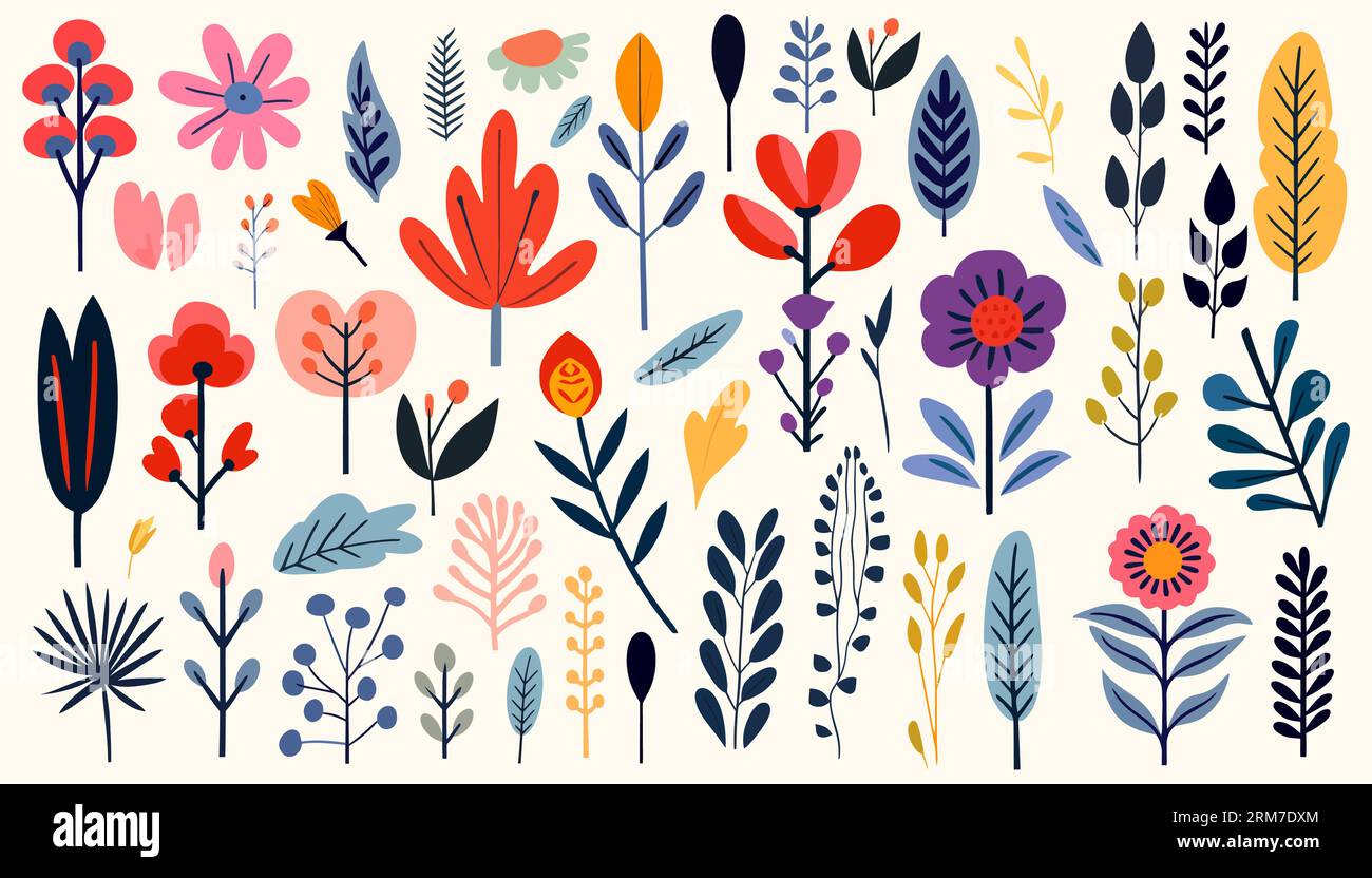 Hand drawn abstract wildflowers, set flowers and leaves, flat icons ...