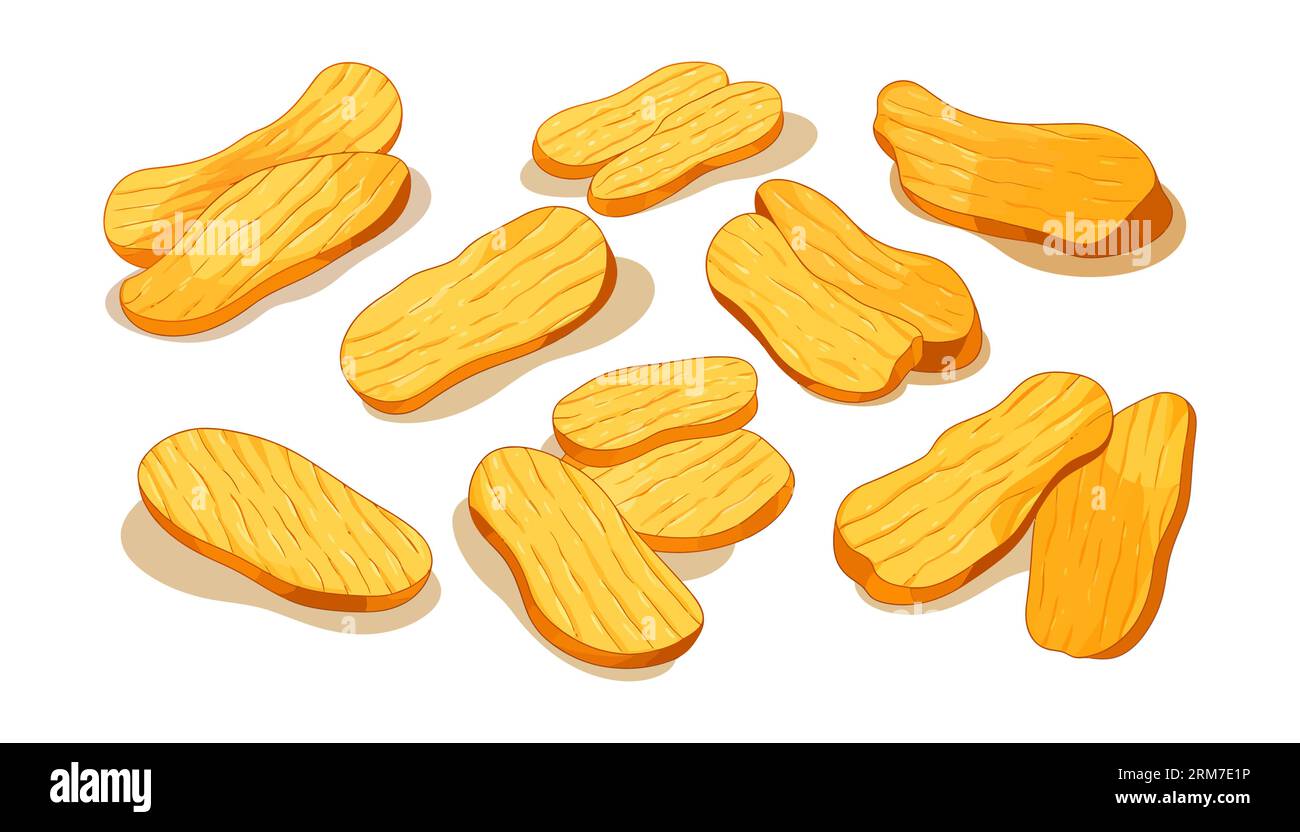 Potato chips. Icon set. Yellow potato chips on white background. Vector ...