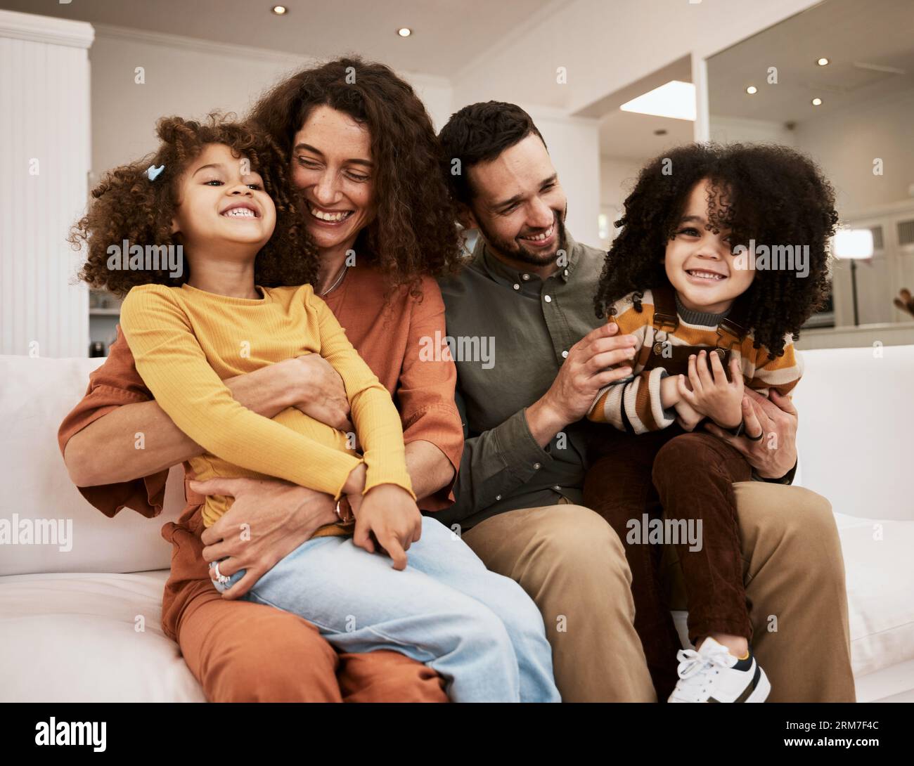 Happy parents, laugh and family child, mother and father excited ...