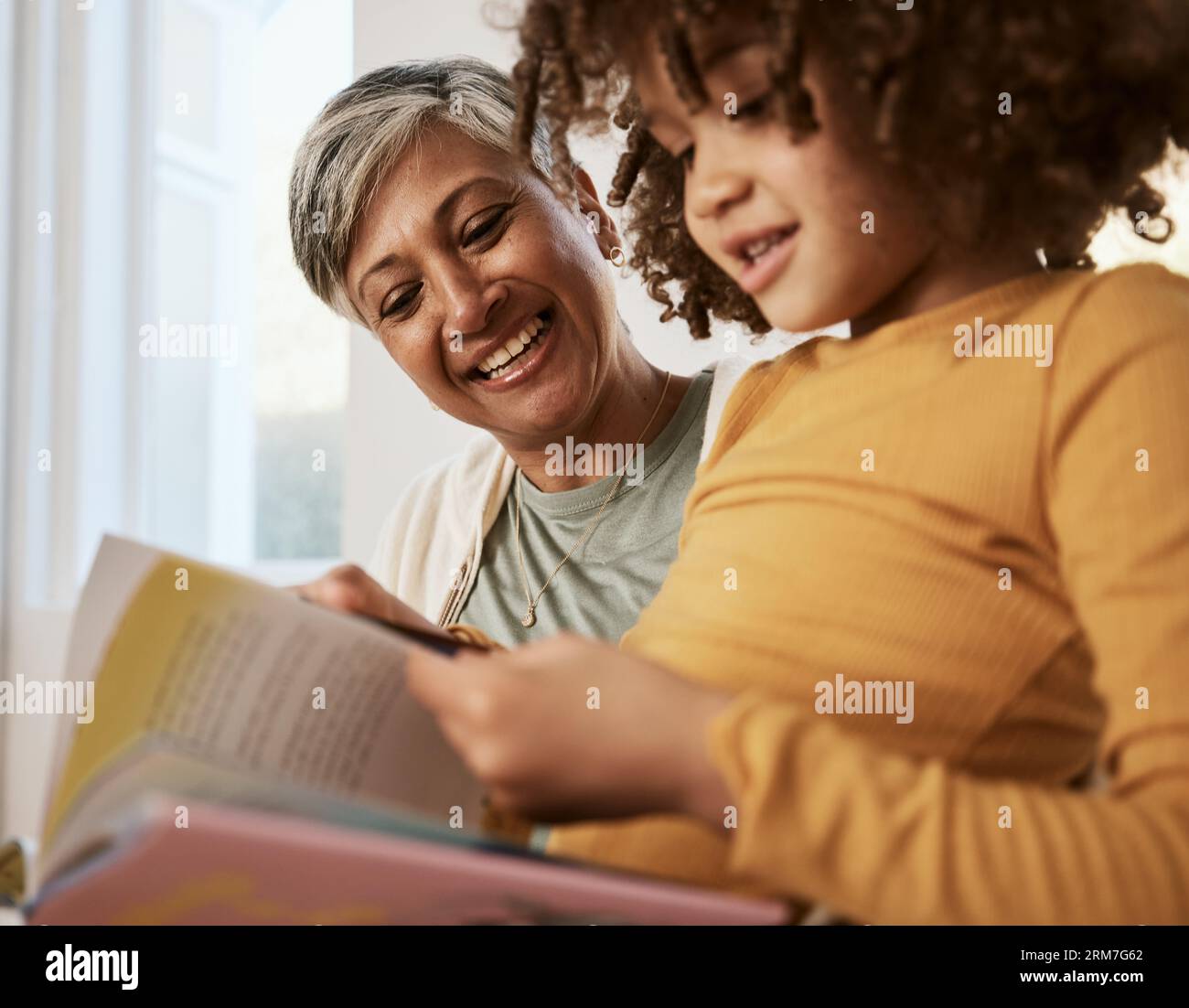Home, happy family grandmother and child reading book, study ...