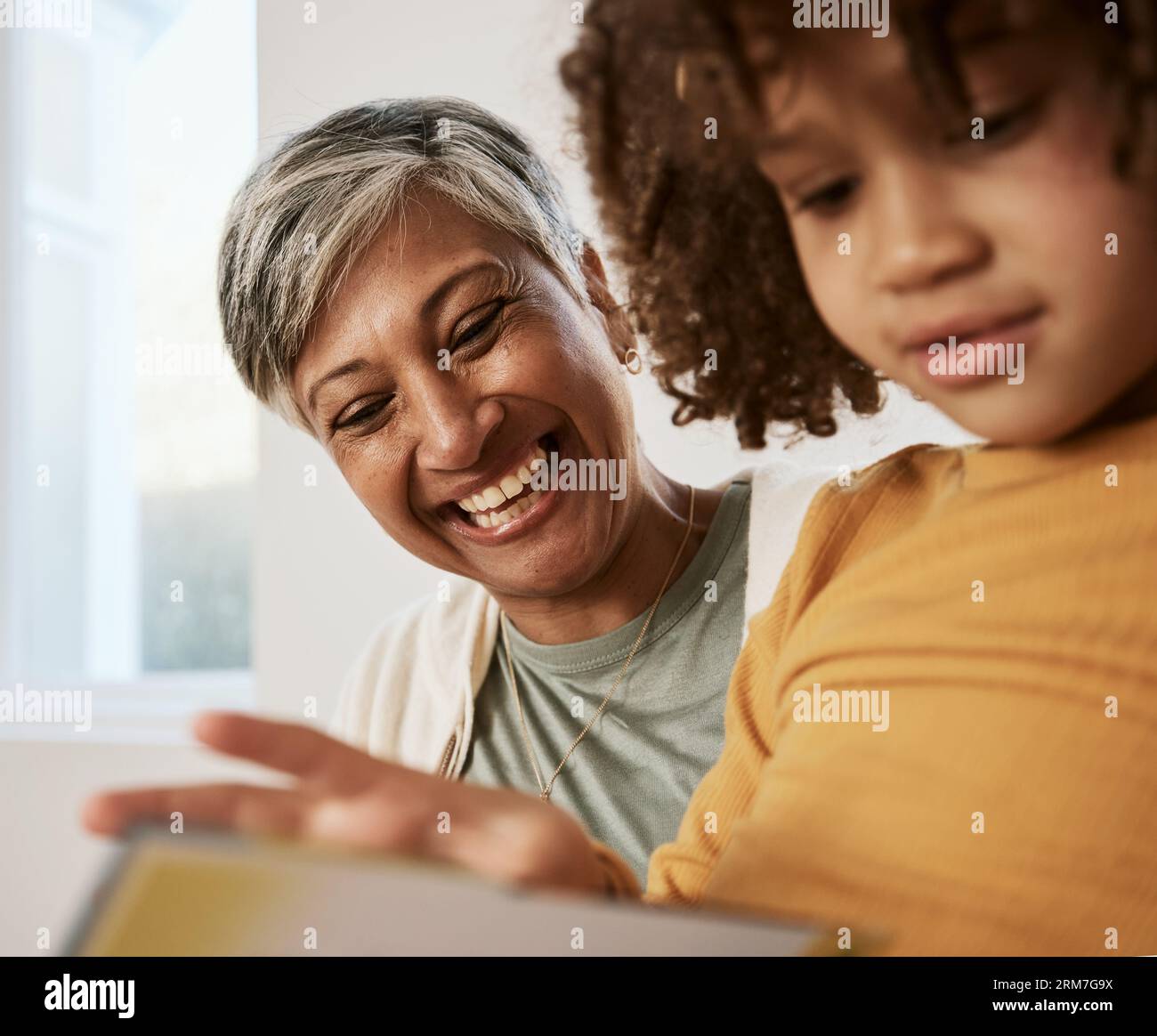 Happy family face, grandmother and child reading book, homework and ...