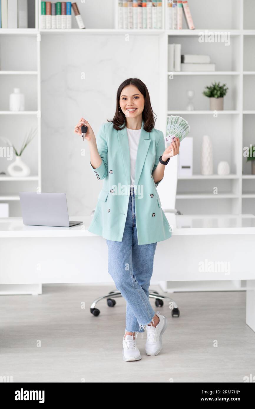 Happy millennial european manager business lady recommending many money ...