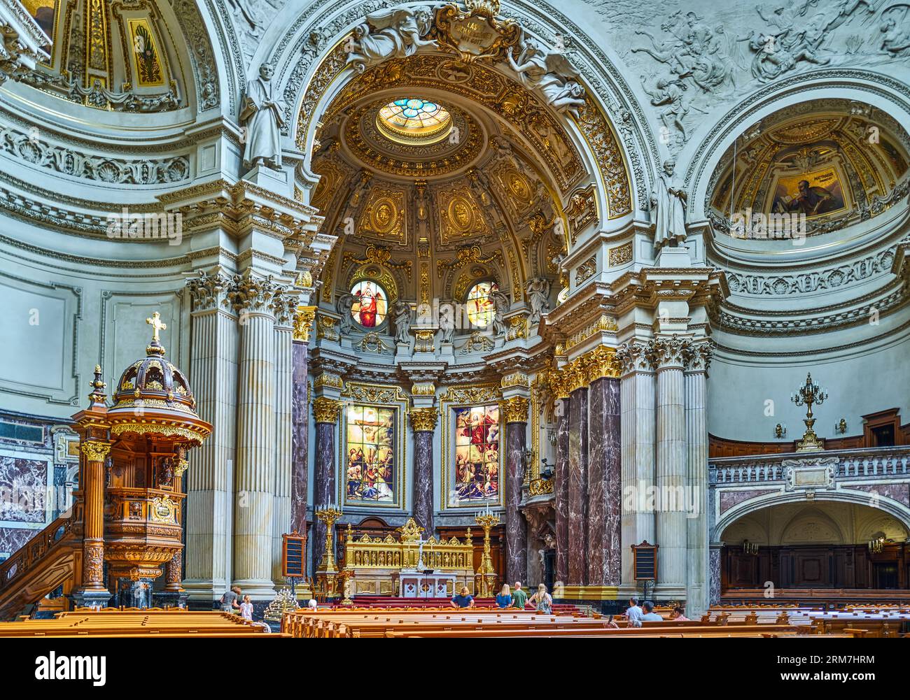 Berlin, Germany - Juky 31, 2019: The main altar and pulpit of the ...