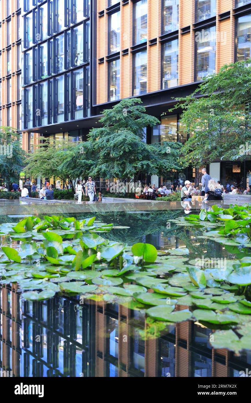 Water lillies in Pancras Square on a warm summer's day, with offices ...