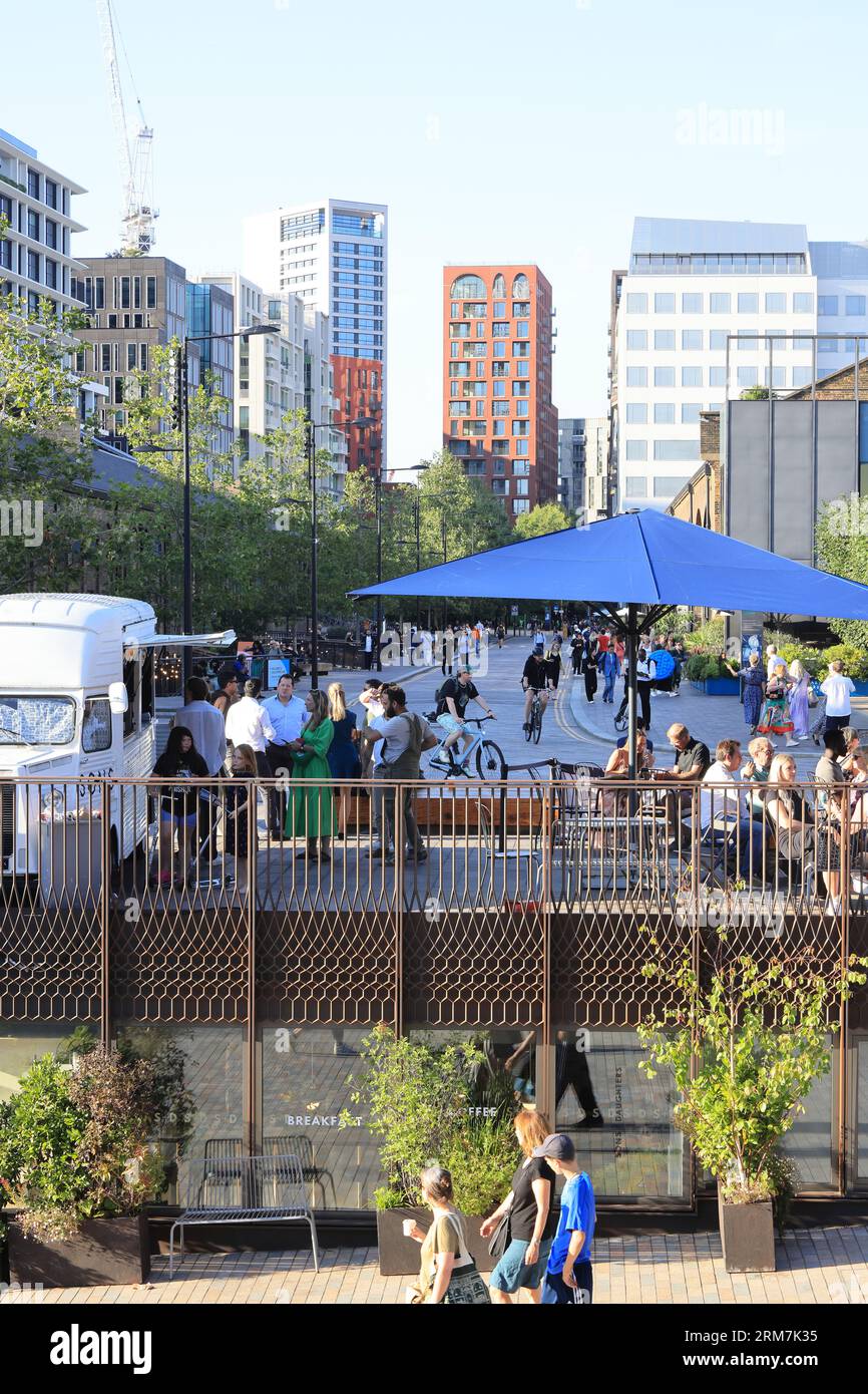 A busy summer's day on Granary Square, with Stable Street beyond, at ...